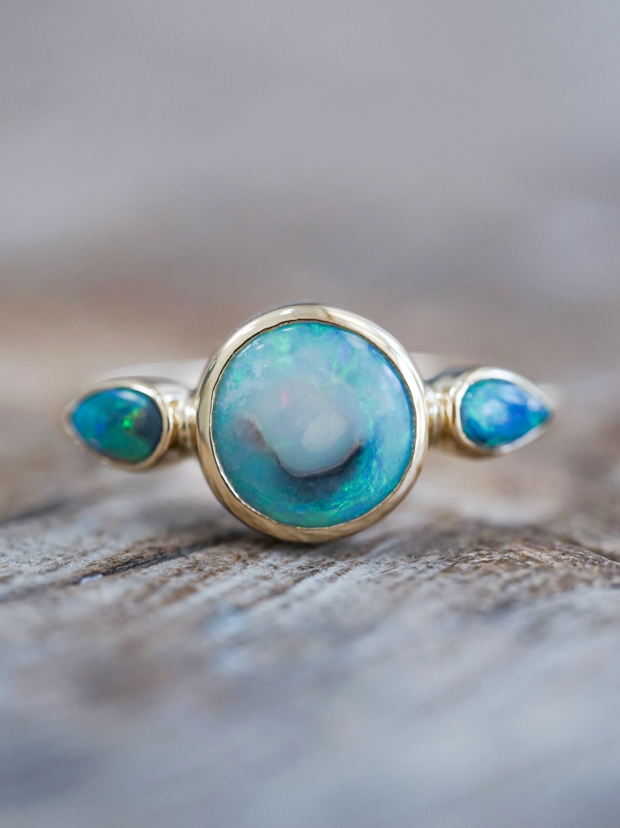 Three Stone Opal Ring in Ethical Gold - Gardens of the Sun | Ethical Jewelry